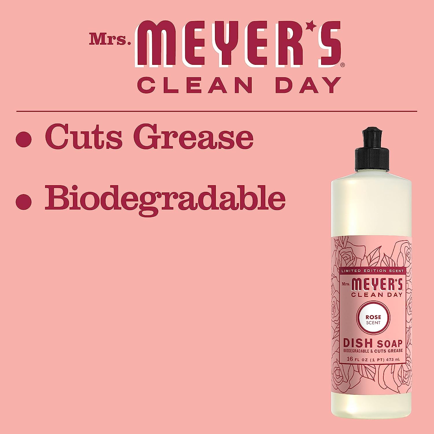 Mrs. Meyer's Liquid Dish Soap Rose Scented, 16 OZ. (Pack of 6)