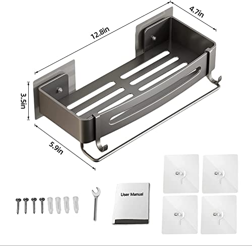 Mustorn Shower Shelves Adhesive Shower Caddy Gray Shower Organizer 2 Pack Shower Rack Rustproof Bathroom Shelf with Towel Bar and Removable Hooks