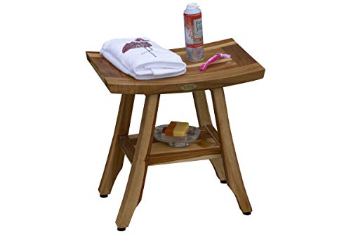 EcoDecors Satori Shower Stool Teak Wood Shower Bench with Curved Seat and Shelf 17″ Wooden Seat Shower Stool in Earthy Teak Finish