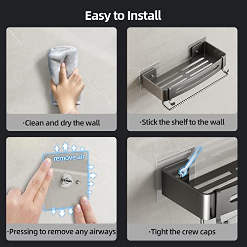 Mustorn Shower Shelves Adhesive Shower Caddy Gray Shower Organizer 2 Pack Shower Rack Rustproof Bathroom Shelf with Towel Bar and Removable Hooks