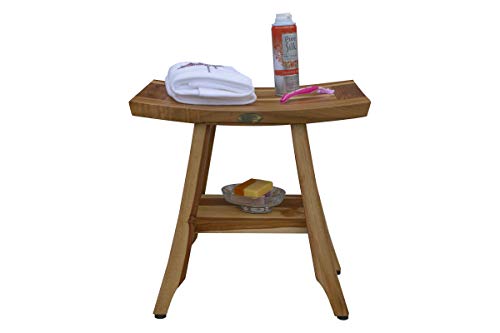 EcoDecors Satori Shower Stool Teak Wood Shower Bench with Curved Seat and Shelf 17″ Wooden Seat Shower Stool in Earthy Teak Finish