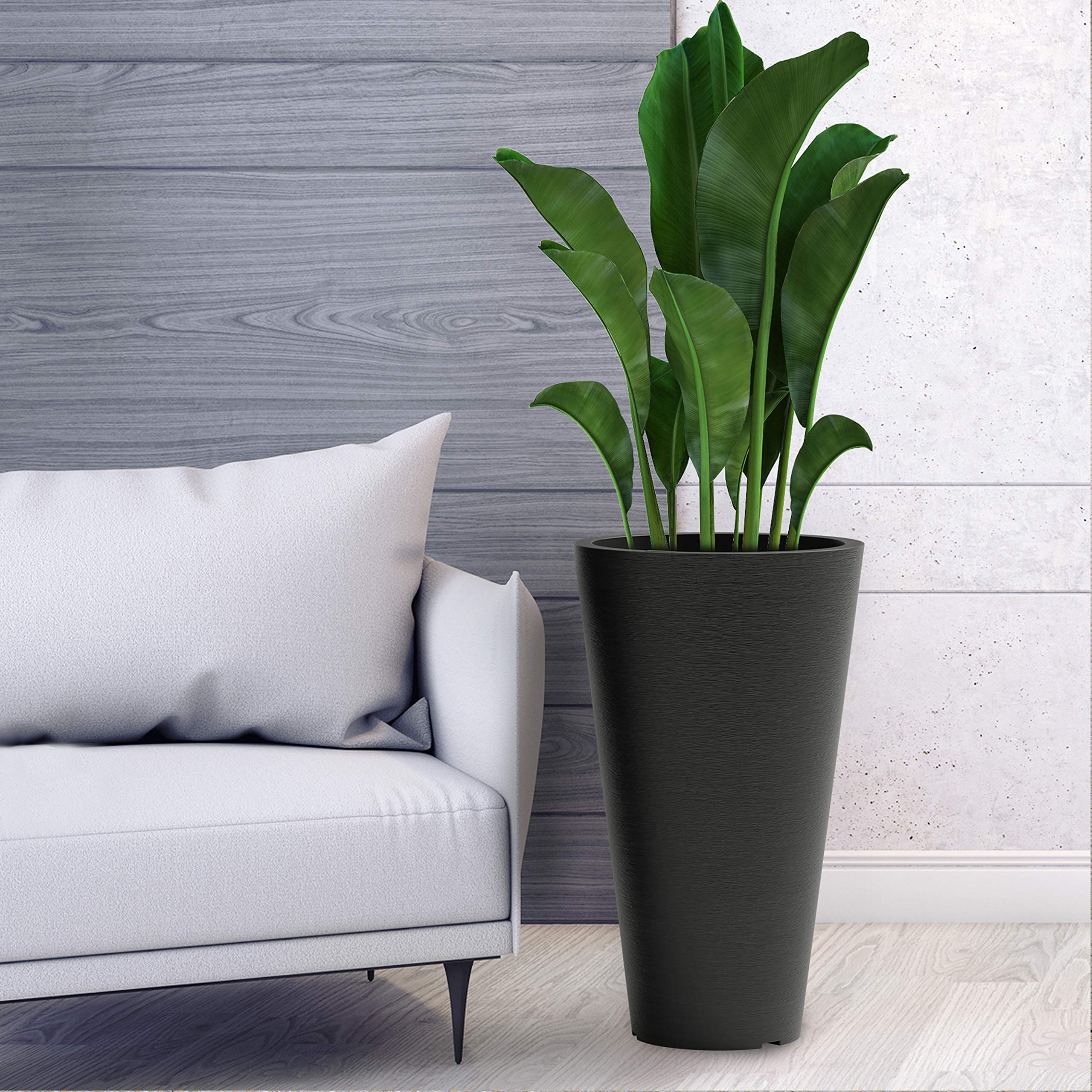Verel Set of 2 Tall Outdoor Planters - 24 Inch Large with Small Planting Pots – Indoor and Flower for Front Door, Patio Deck (Black)