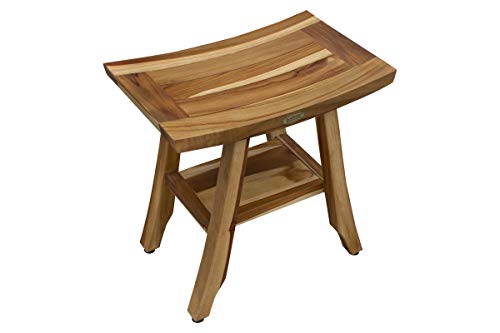 EcoDecors Satori Shower Stool Teak Wood Shower Bench with Curved Seat and Shelf 17″ Wooden Seat Shower Stool in Earthy Teak Finish