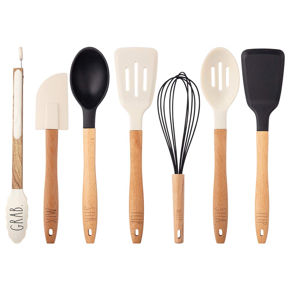 Rae Dunn Everyday Collection 7 Piece Kitchen Utensil Set-Stainless Steel and Silicone Kitchen Tools with Wooden Handles- (Black and White)