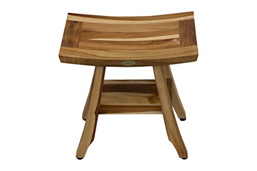 EcoDecors Satori Shower Stool Teak Wood Shower Bench with Curved Seat and Shelf 17″ Wooden Seat Shower Stool in Earthy Teak Finish