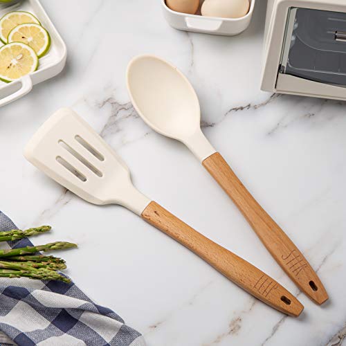 Rae Dunn Everyday Collection 5 Piece Silicone Kitchen Utensil Set with Canister Holder- Kitchen Tools with Beechwood Handles (White)