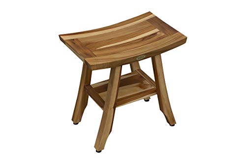 EcoDecors Satori Shower Stool Teak Wood Shower Bench with Curved Seat and Shelf 17″ Wooden Seat Shower Stool in Earthy Teak Finish