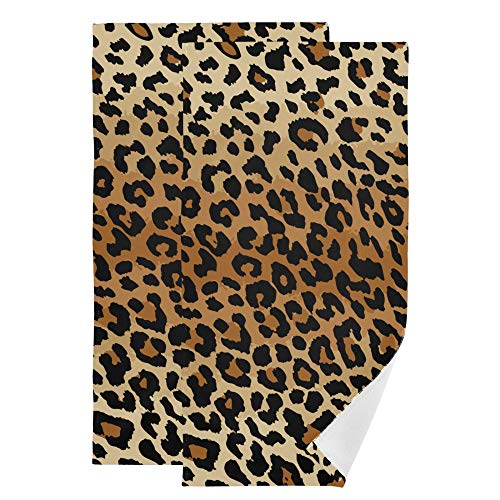 Oreayn Leopard Skin Hand Towel for Bathroom Kitchen Beach Polyester Cotton Set of 2 Leopard Animal Print Fingertip Towel Soft Absorbent 28.3 x 14.4 Inch