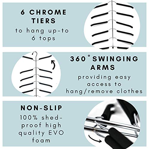 Closet Spice - 2 Pack - Strong Anti-Rust Chrome 6 Tier Blouse Tree, Non-Slip, Black Foam Padded, Space Saving, Flexible Swing Design for Easy-Slide, Multi-Tiered Clothes Hanger