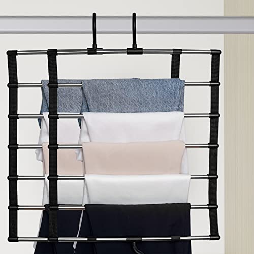 Frqianly Pants Hangers Space Saving, 2 Pack Multiple Pants Hangers for Closet, Jean Hangers Scarf Holder Closet Space Saving Hangers, Pants Rack Leggings Hanger Space Saver Closet Organization(Black)