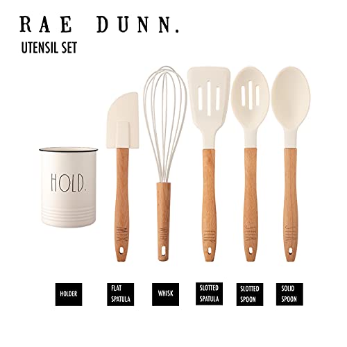 Rae Dunn Everyday Collection 5 Piece Silicone Kitchen Utensil Set with Canister Holder- Kitchen Tools with Beechwood Handles (White)