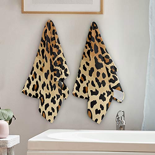 Oreayn Leopard Skin Hand Towel for Bathroom Kitchen Beach Polyester Cotton Set of 2 Leopard Animal Print Fingertip Towel Soft Absorbent 28.3 x 14.4 Inch
