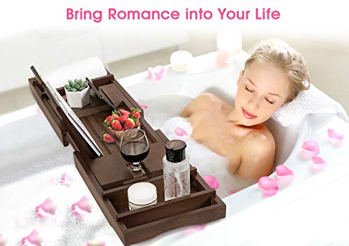 HBlife Bamboo Bathtub Caddy Tray Durable, Non-Slip, One or Two Person Bath and Bed Tray, Extending Sides Fits Any Tub, Cellphone iPad and Wineglass Holder, Free Soap Holder - Coffee