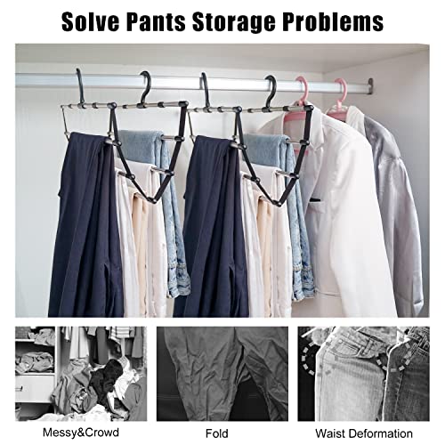 Frqianly Pants Hangers Space Saving, 2 Pack Multiple Pants Hangers for Closet, Jean Hangers Scarf Holder Closet Space Saving Hangers, Pants Rack Leggings Hanger Space Saver Closet Organization(Black)
