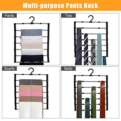 Frqianly Pants Hangers Space Saving, 2 Pack Multiple Pants Hangers for Closet, Jean Hangers Scarf Holder Closet Space Saving Hangers, Pants Rack Leggings Hanger Space Saver Closet Organization(Black)