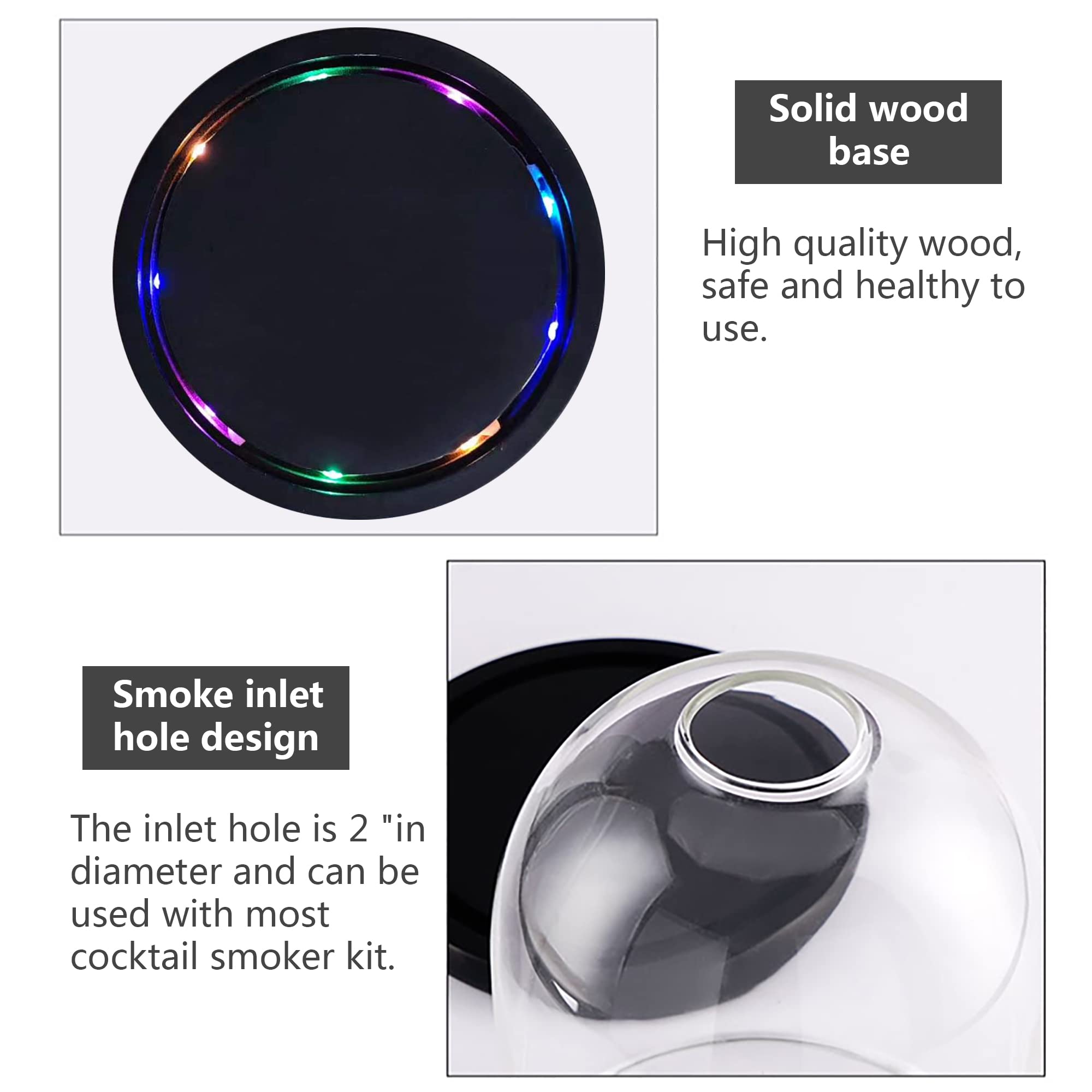 CREATIVECHEF Cocktail Smoker Kit for Glass Dome 5.1" x 7.9“ With Color LED Wooden Base, Cocktails Smoke Infuser Accessory, Smoking Cloche for Drinks