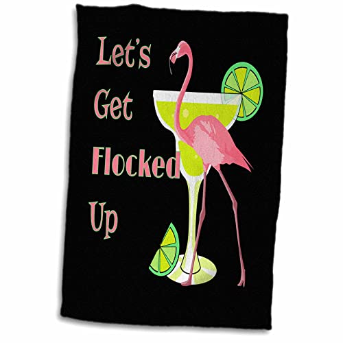 3dRose Funny Lets Get Flocked Up Pink Flamingo with Martini Glass. - Towels (twl-358310-1)