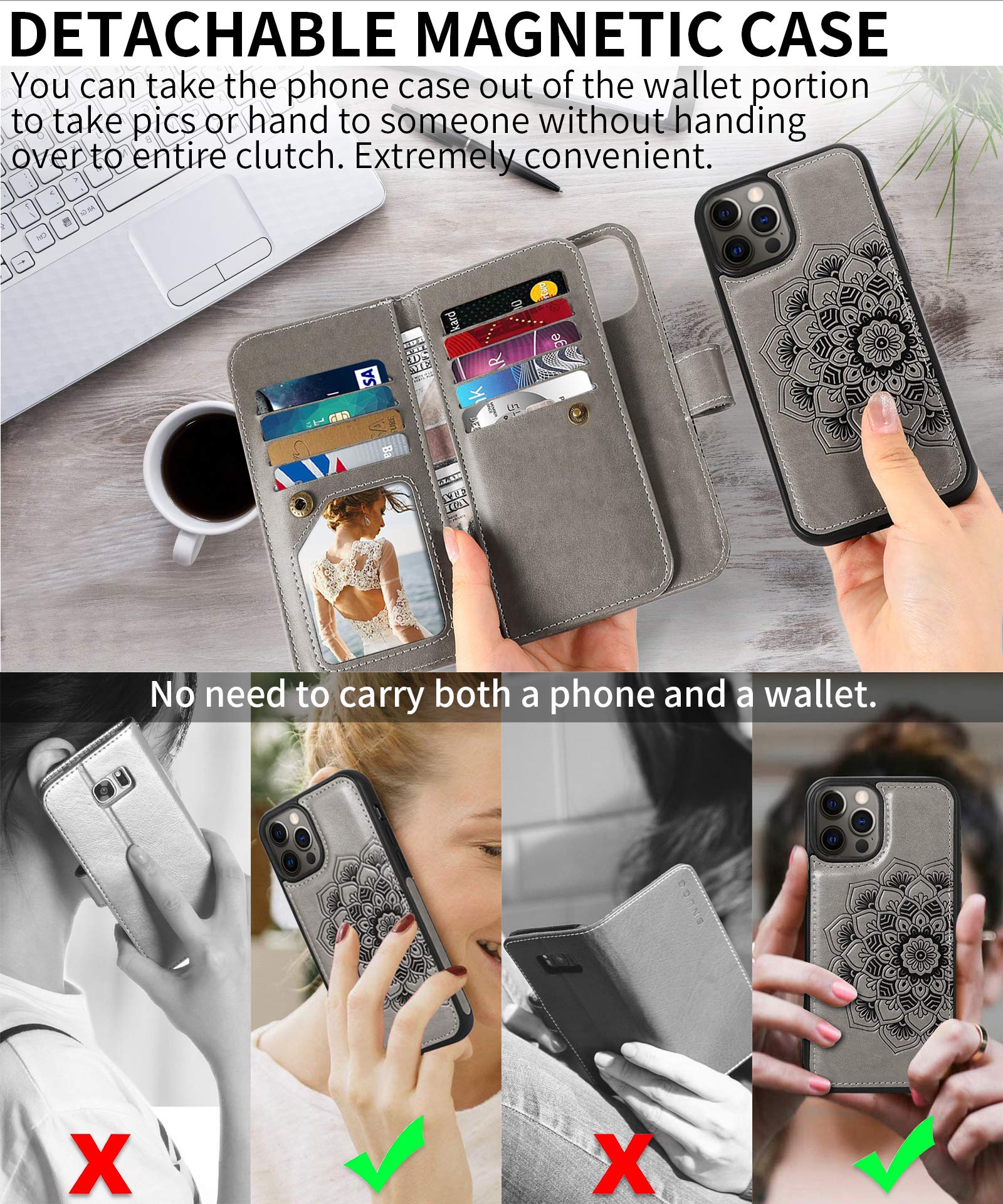 CASEOWL Compatible for iPhone 12 Pro Max Case Wallet Magnetic Detachable 2 in 1 Mandala Embossed Leather Flip Wallet Case with 9 Card Slots,Hand Strap for Women (Gray)