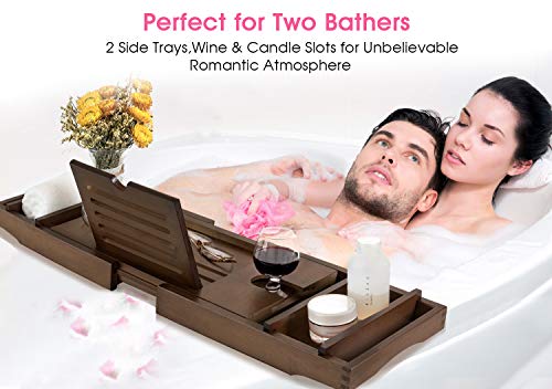 HBlife Bamboo Bathtub Caddy Tray Durable, Non-Slip, One or Two Person Bath and Bed Tray, Extending Sides Fits Any Tub, Cellphone iPad and Wineglass Holder, Free Soap Holder - Coffee