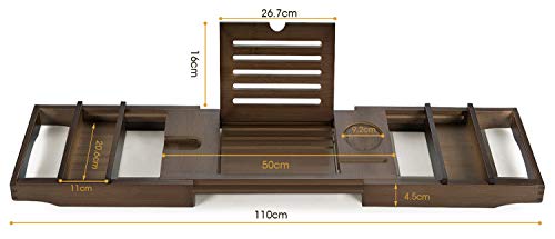 HBlife Bamboo Bathtub Caddy Tray Durable, Non-Slip, One or Two Person Bath and Bed Tray, Extending Sides Fits Any Tub, Cellphone iPad and Wineglass Holder, Free Soap Holder - Coffee