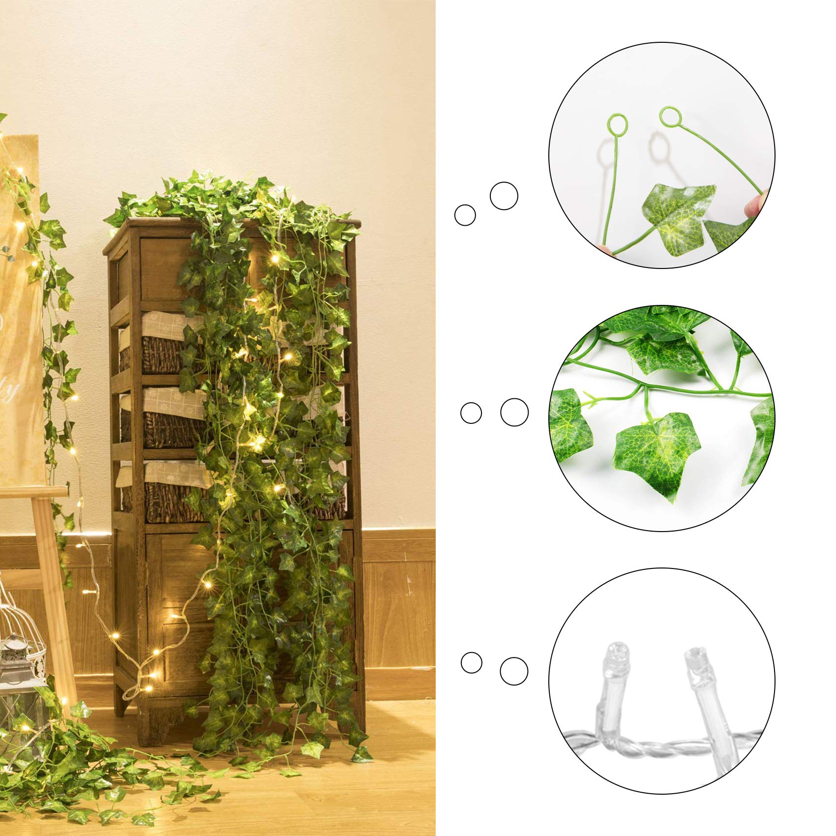 COOLUCK 84Ft 12 Pack Artificial Ivy Leaf Plants Vine with 80 LED String Light,Green Vines Garland, Hanging for Home Kitchen Office Wedding Wall Décor