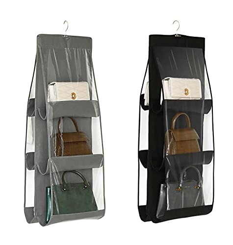kamuavni 2 Pack Handbag Hanging Organizer,Thickened Non-Woven Fabric+PVC Pockets Hanging Purse Organizer Handbag Storage Hanger Organizer,Wardrobe Closet Space Saving Organizers (Black+Grey)