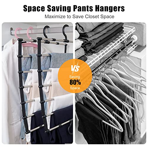 Frqianly Pants Hangers Space Saving, 2 Pack Multiple Pants Hangers for Closet, Jean Hangers Scarf Holder Closet Space Saving Hangers, Pants Rack Leggings Hanger Space Saver Closet Organization(Black)