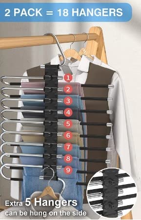 OZUAZ 2 Pack 9 Layers Pants Hangers Space Saving Trousers Hangars Space Saving Hanger Organizer Pant Hangers Multi-Functional Wardrobe Hanger Closet Pants Organizer