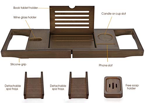 HBlife Bamboo Bathtub Caddy Tray Durable, Non-Slip, One or Two Person Bath and Bed Tray, Extending Sides Fits Any Tub, Cellphone iPad and Wineglass Holder, Free Soap Holder - Coffee