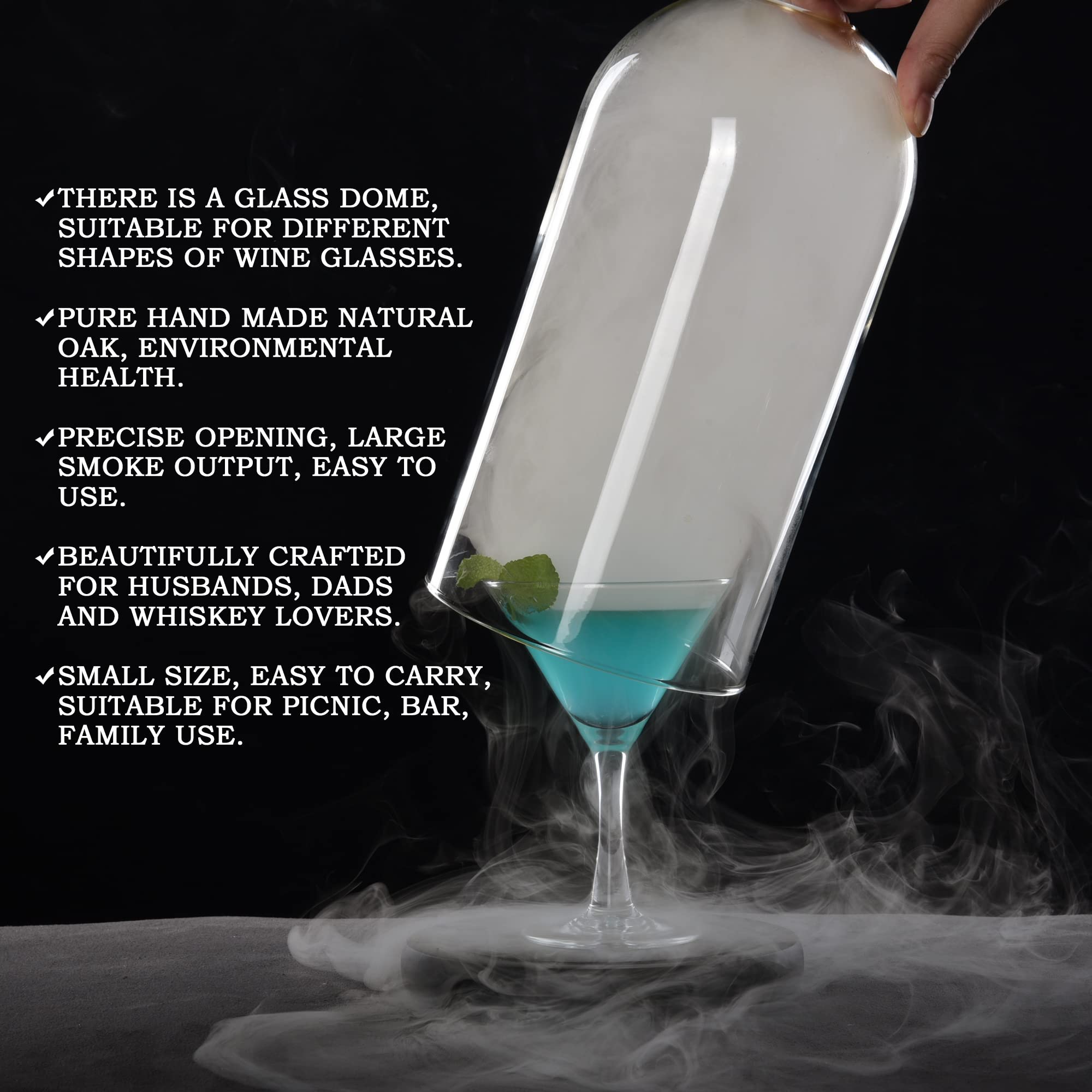 CREATIVECHEF Cocktail Smoker Kit for Glass Dome 5.1" x 7.9“ With Color LED Wooden Base, Cocktails Smoke Infuser Accessory, Smoking Cloche for Drinks
