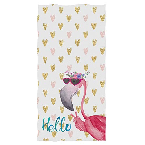 Pfrewn Hello Tropical Flamingo Hand Towels 16x30 in, Pink Golden Hearts Floral Thin Bathroom Towel, Ultra Soft Highly Absorbent Small Bath Towel Bathroom Decor