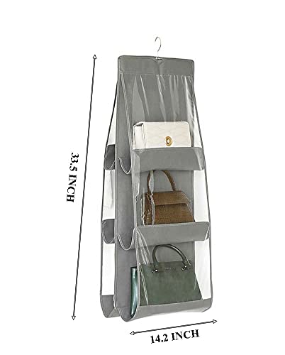 kamuavni 2 Pack Handbag Hanging Organizer,Thickened Non-Woven Fabric+PVC Pockets Hanging Purse Organizer Handbag Storage Hanger Organizer,Wardrobe Closet Space Saving Organizers (Black+Grey)