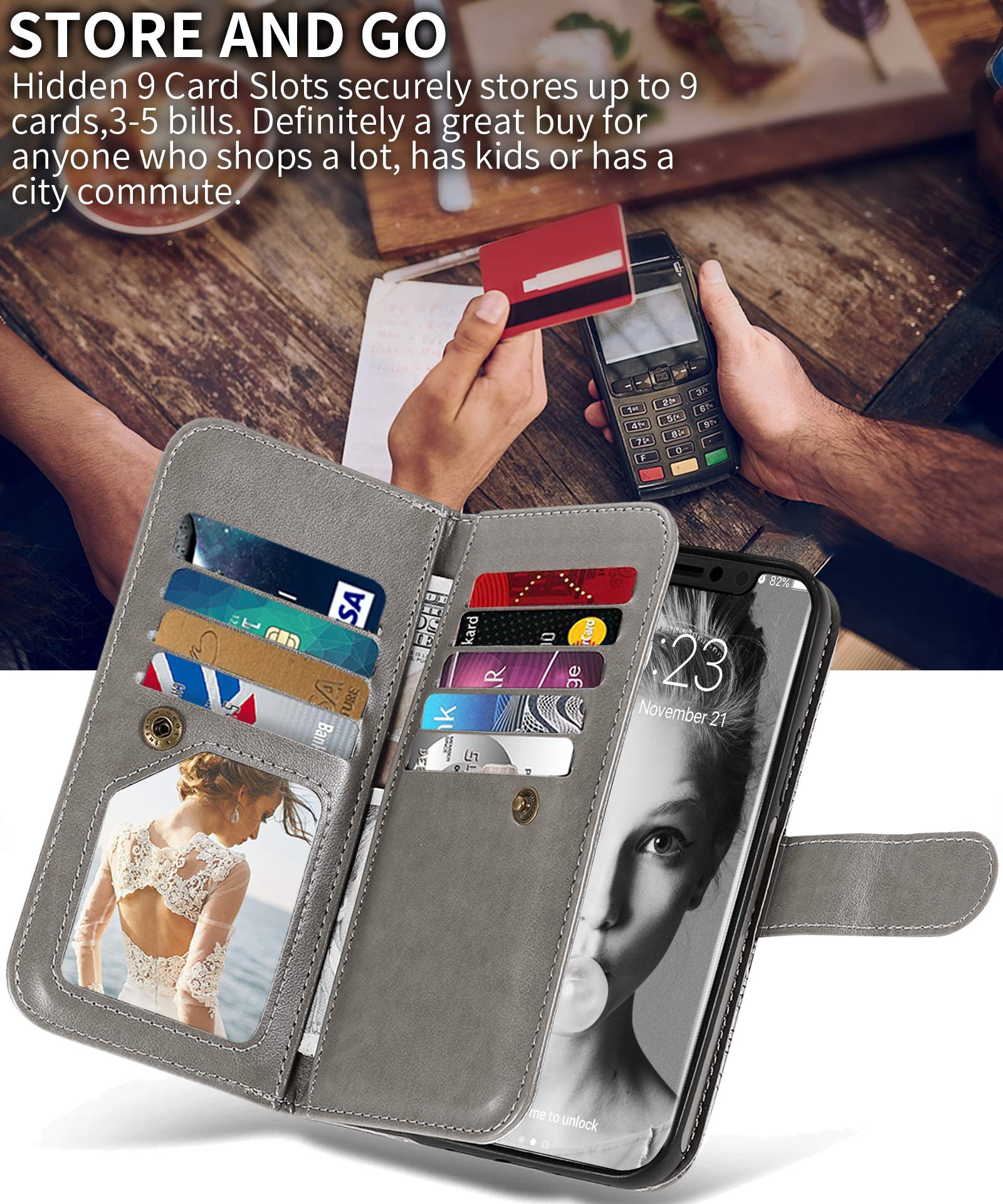 CASEOWL Compatible for iPhone 12 Pro Max Case Wallet Magnetic Detachable 2 in 1 Mandala Embossed Leather Flip Wallet Case with 9 Card Slots,Hand Strap for Women (Gray)