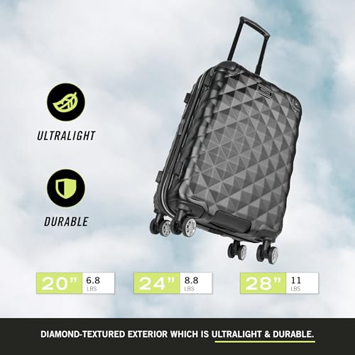 Kenneth Cole REACTION Diamond Tower Collection Lightweight Hardside Expandable 8-Wheel Spinner Travel Luggage, Black, 3-Piece Set (20", 24", & 28")