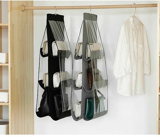 kamuavni 2 Pack Handbag Hanging Organizer,Thickened Non-Woven Fabric+PVC Pockets Hanging Purse Organizer Handbag Storage Hanger Organizer,Wardrobe Closet Space Saving Organizers (Black+Grey)