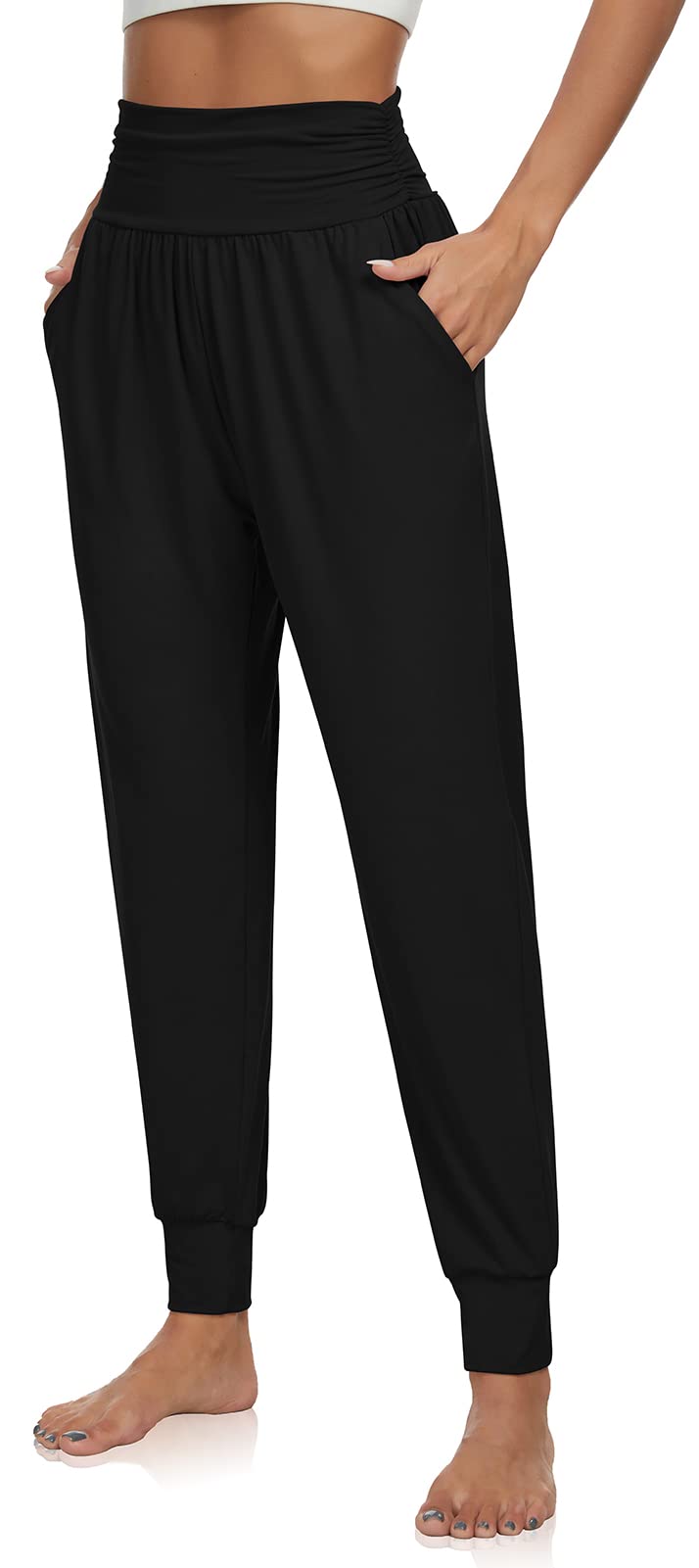 UEU Women's Cozy Yoga Thin Joggers Pants High Waist Loose Fitting Workout Sweatpants Baggy Comfy Sleep Lounge Sweat Pants with Pockets(Black,M)