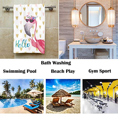 Pfrewn Hello Tropical Flamingo Hand Towels 16x30 in, Pink Golden Hearts Floral Thin Bathroom Towel, Ultra Soft Highly Absorbent Small Bath Towel Bathroom Decor