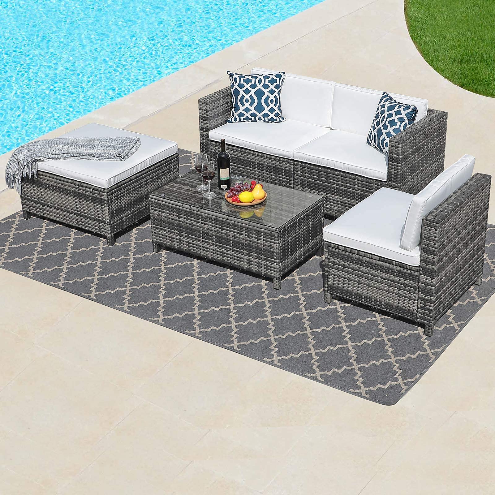 JOIVI Patio Furniture Sets, 5 Pieces All-Weather Outdoor Sectional Sofa Grey Wicker Rattan Patio Conversation Set with Ottoman, Washable White Cushions and 2 Blue Pillows