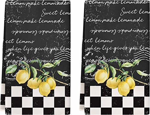 VDLBT Summer Kitchen Towels Yellow Lemon Dish Towels Dishcloth Fingertip Hand Towel Black White Plaid Soft Tea Towel Set of 2