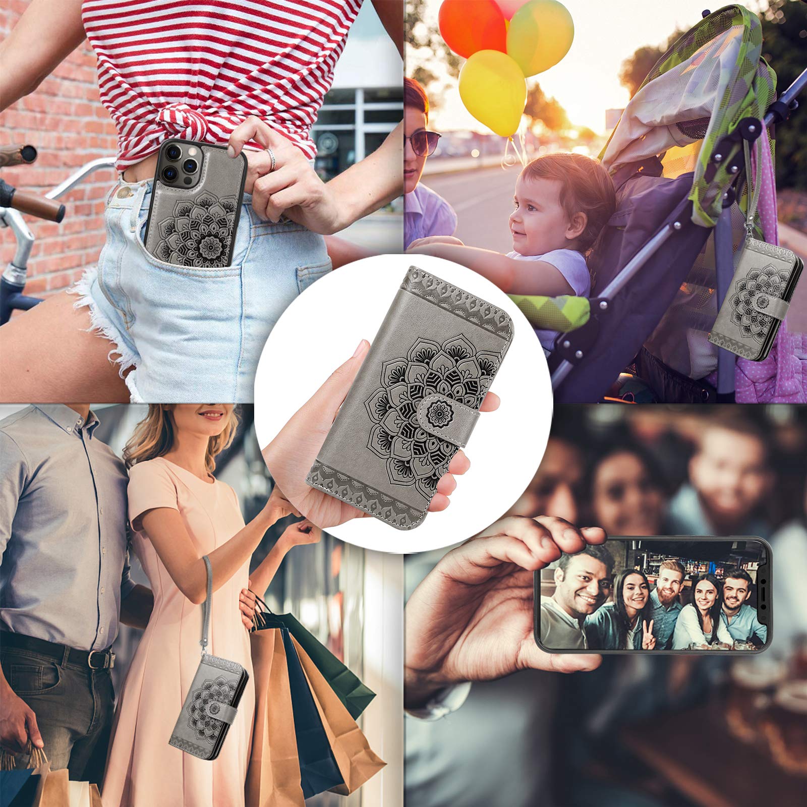 CASEOWL Compatible for iPhone 12 Pro Max Case Wallet Magnetic Detachable 2 in 1 Mandala Embossed Leather Flip Wallet Case with 9 Card Slots,Hand Strap for Women (Gray)