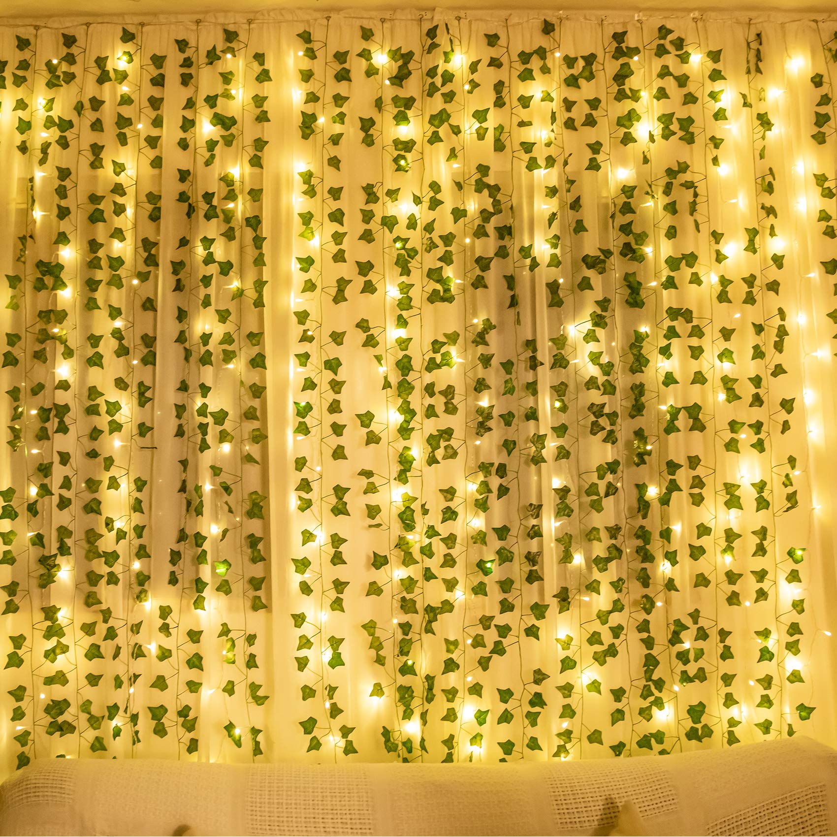 COOLUCK 84Ft 12 Pack Artificial Ivy Leaf Plants Vine with 80 LED String Light,Green Vines Garland, Hanging for Home Kitchen Office Wedding Wall Décor