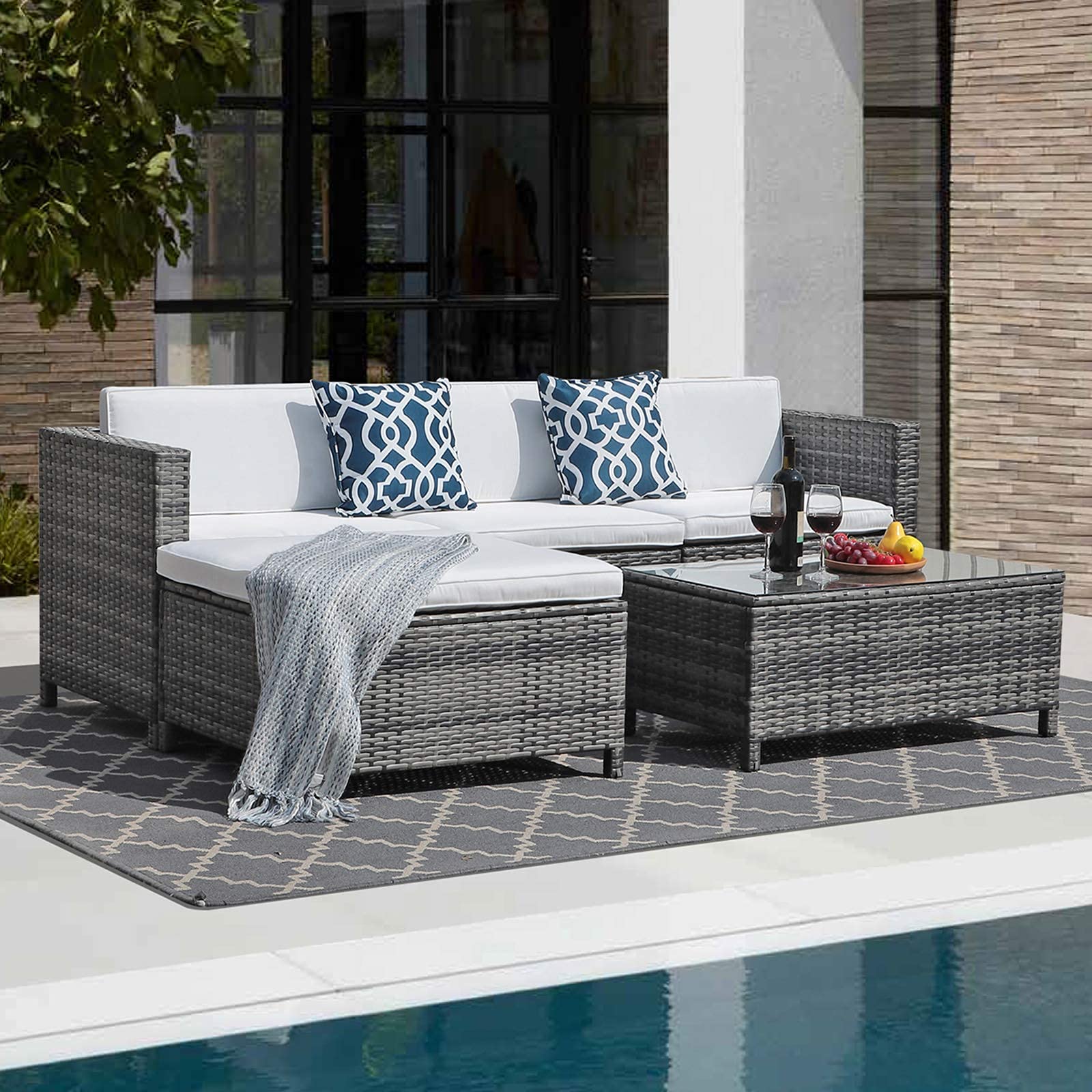 JOIVI Patio Furniture Sets, 5 Pieces All-Weather Outdoor Sectional Sofa Grey Wicker Rattan Patio Conversation Set with Ottoman, Washable White Cushions and 2 Blue Pillows