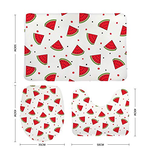 Bathroom Mat Rug Set Non Slip Including U-Shaped Contour Mat Toilet Seat Cover Watermelon Pattern Red Extra Soft Coral Fleece Memory Foam 3 Piece