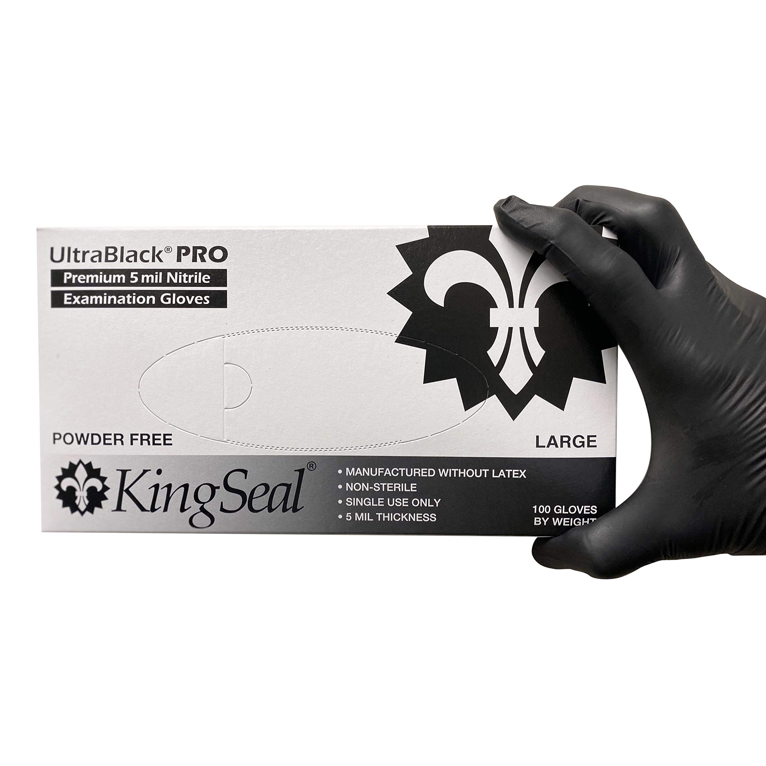 KingSeal 100 Count UltraBlack-PRO Nitrile Medical Grade Exam Gloves, Black, Professional Grade 5 MIL, Size X-LARGE Textured, Tattoo, Automotive, Plumbing, Cleaning - 100 Gloves