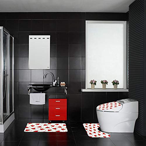 Bathroom Mat Rug Set Non Slip Including U-Shaped Contour Mat Toilet Seat Cover Watermelon Pattern Red Extra Soft Coral Fleece Memory Foam 3 Piece