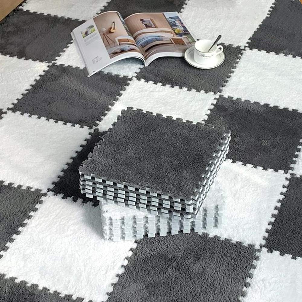Smabee Interlocking Carpet Shaggy Soft EVA Foam Mats Fluffy Area Rugs Protective Floor Tiles Exercise Play Mat for Children Kids Room Home Parlor Bedroom (6 pcs White + 6pcs Gray)