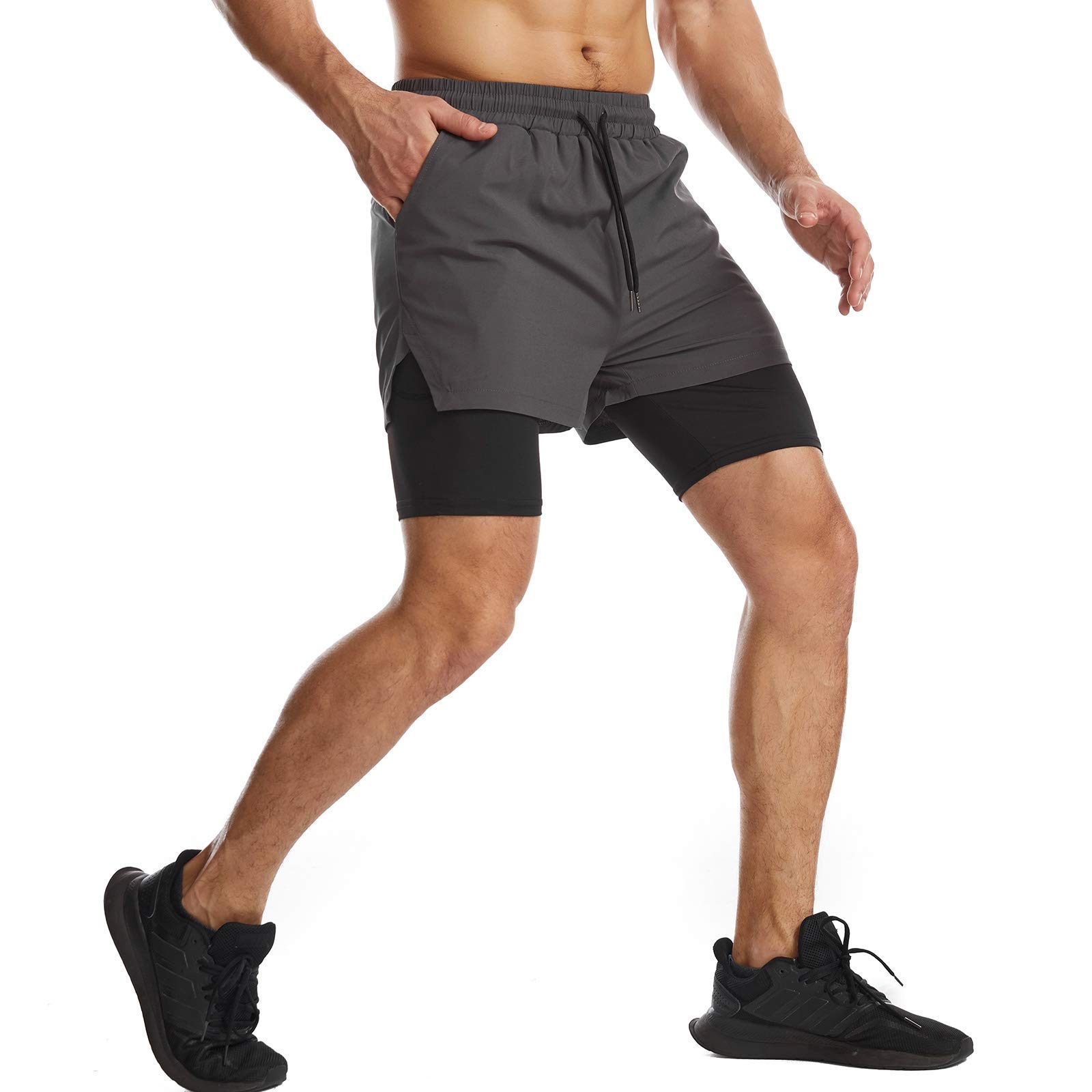 Surenow Mens 2 in 1 Running Shorts Quick Dry Athletic Shorts with Liner, Workout Shorts with Zip Pockets and Towel Loop Dark Grey