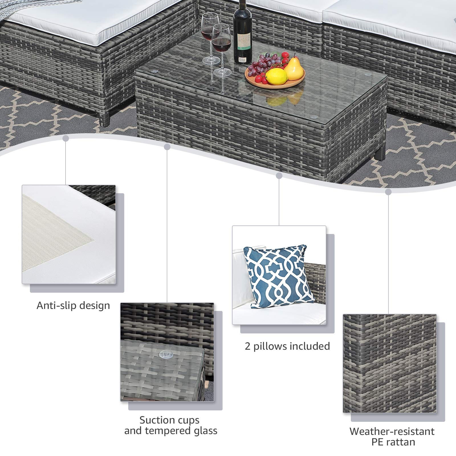 JOIVI Patio Furniture Sets, 5 Pieces All-Weather Outdoor Sectional Sofa Grey Wicker Rattan Patio Conversation Set with Ottoman, Washable White Cushions and 2 Blue Pillows