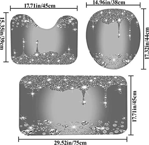 4PCS Glitter Diamond Shower Curtains with Rugs Bath Mat Toilet Lid Cover and 12 Hooks Waterproof Bling Bathroom Shower Curtain Set