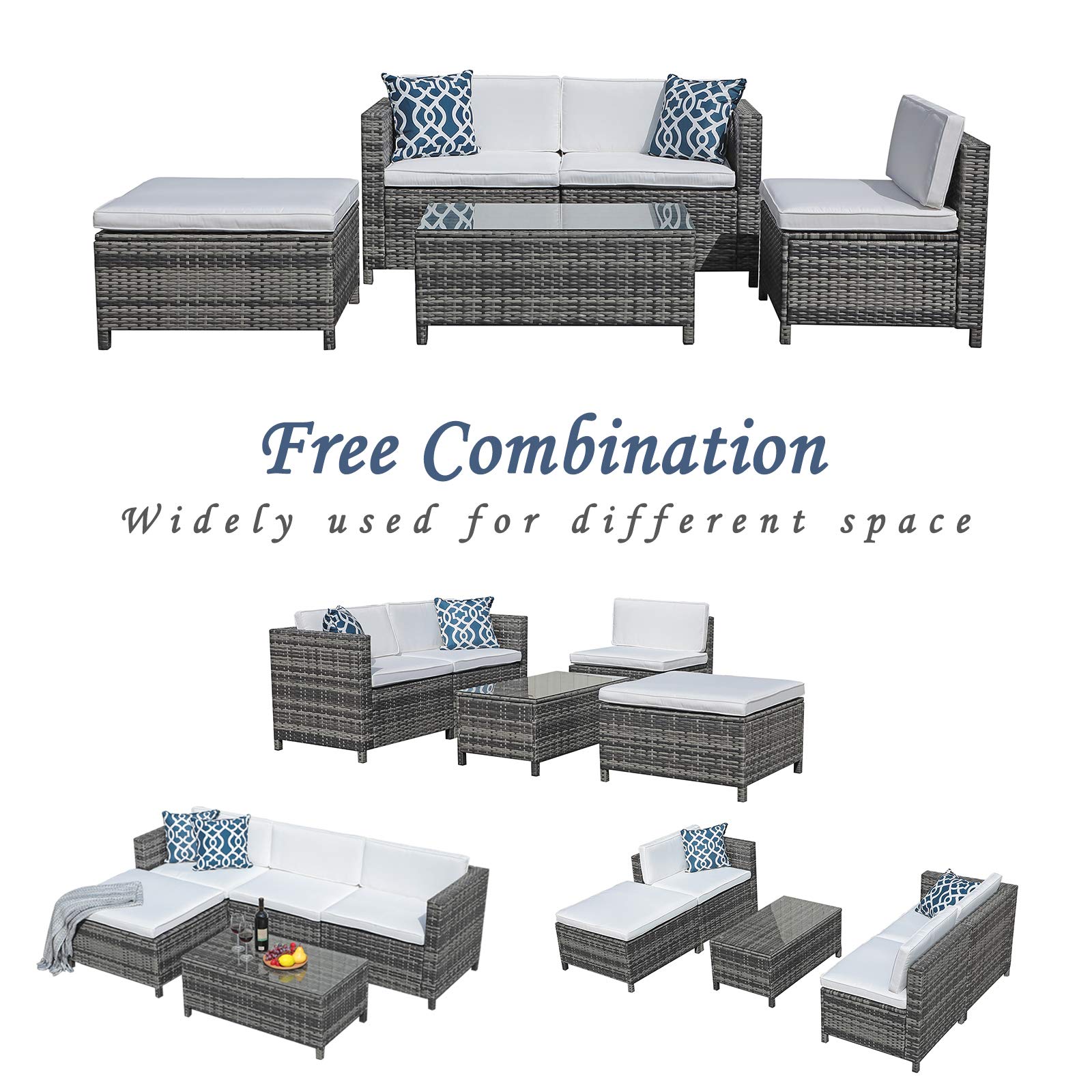 JOIVI Patio Furniture Sets, 5 Pieces All-Weather Outdoor Sectional Sofa Grey Wicker Rattan Patio Conversation Set with Ottoman, Washable White Cushions and 2 Blue Pillows